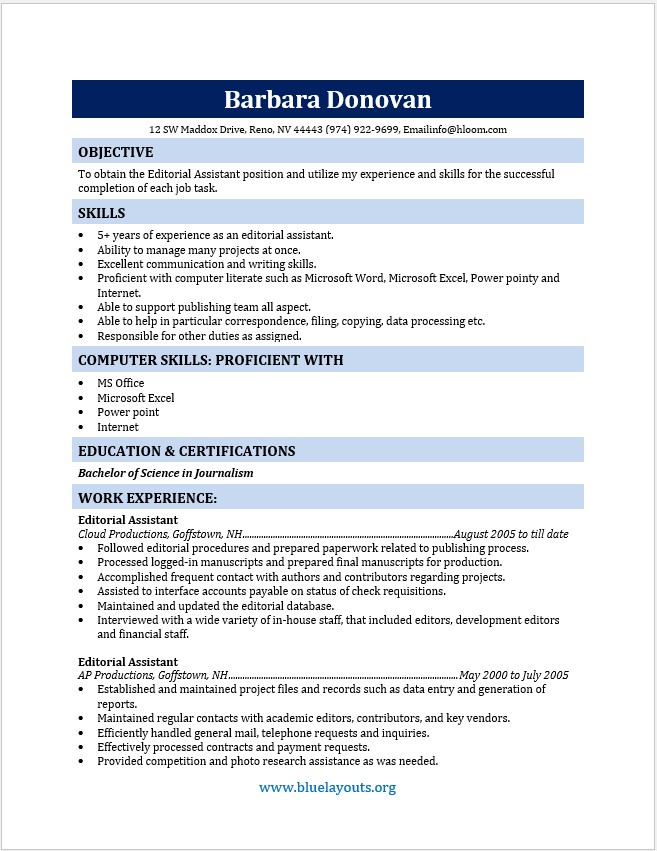 Get this Editorial Assistant Resume Sample - Blue Layouts