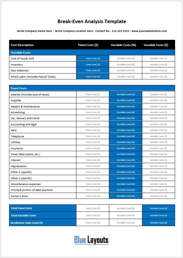 Simple Break Even Analysis Template Blue Layouts Simple Break Even Analysis Template Blue Layouts