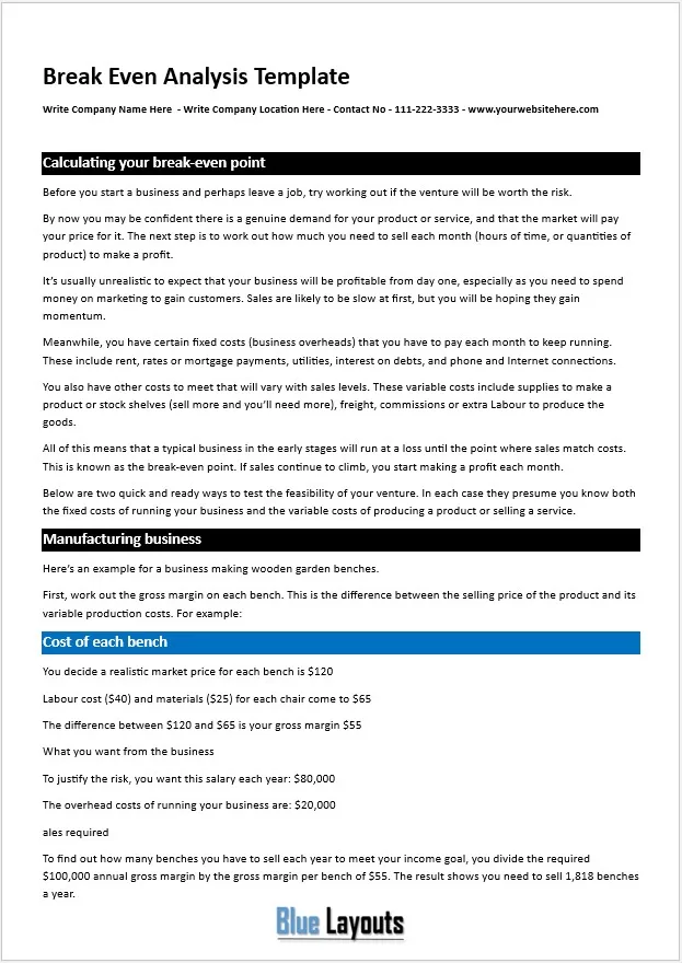 Simple Break Even Analysis Template Blue Layouts Simple Break Even Analysis Template Blue Layouts