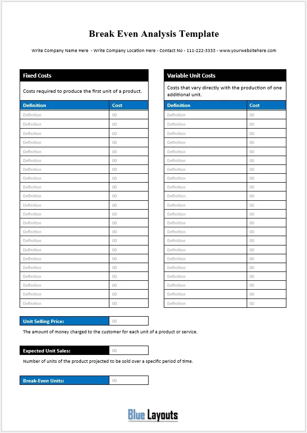 Simple Break Even Analysis Template Blue Layouts Simple Break Even Analysis Template Blue Layouts